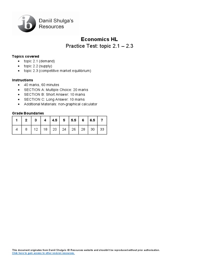IB Economics HL Practice Test - Topics 2.1-2.3 | PDF | Economic ...