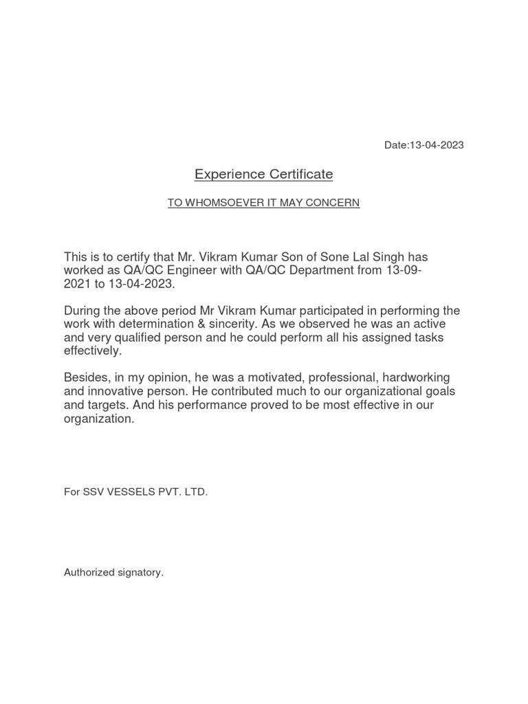 Exp. Letter Vikram | PDF