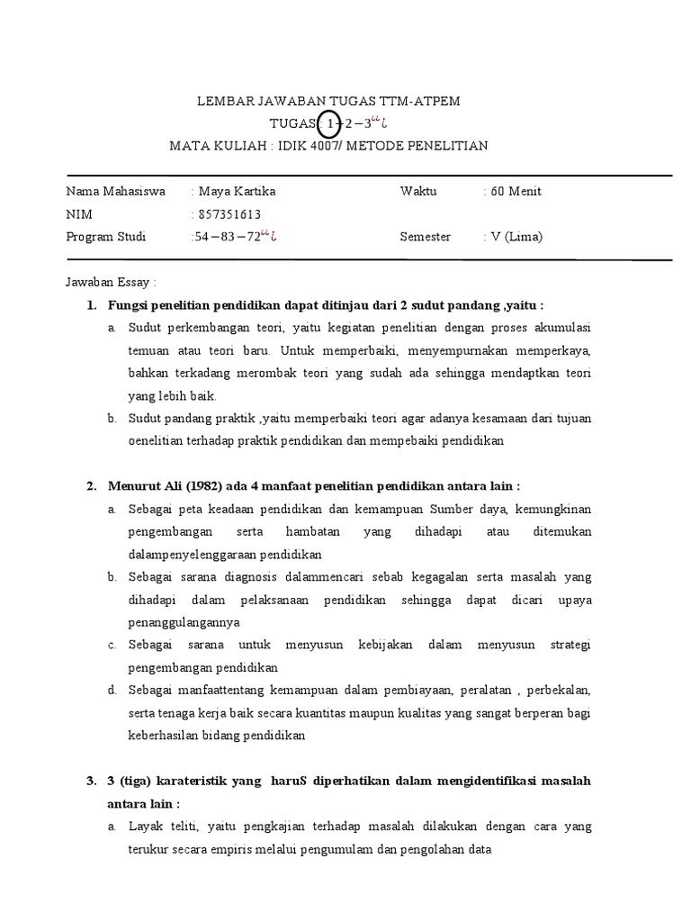 Lembar Jawaban TTM 1 - Metode Penelitian - Maya Kartika - 857351613 | PDF