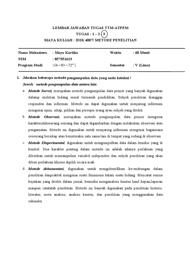 Lembar Jawaban TTM 3 - Metode Penelitian - Maya Kartika - 857351613 | PDF