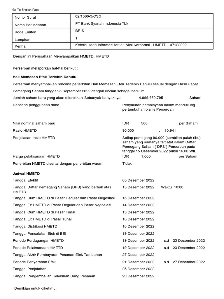 Right Issue BRIS | PDF