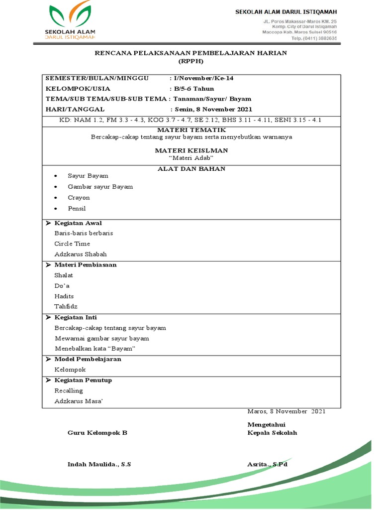 RPPH Tanaman Sayur | PDF