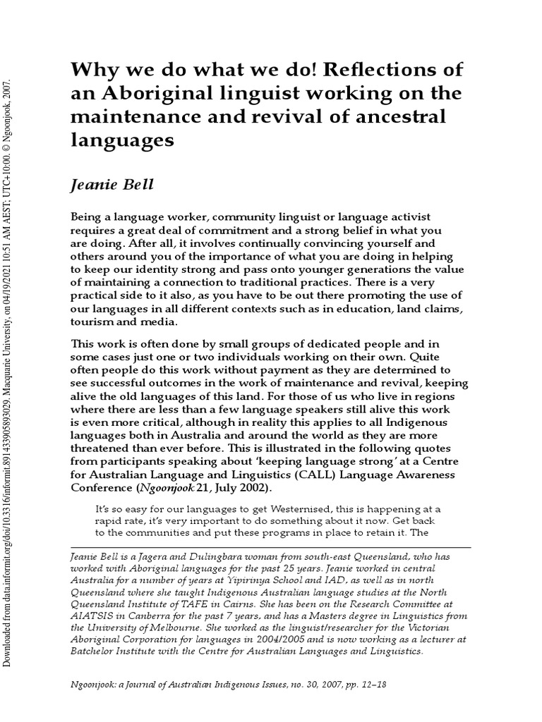 Why We Do What We Do! Reflections of An Aboriginal Linguist Working On ...