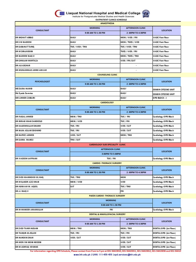 OPD Schedule (November 2021) | PDF | Clinical Medicine | Medicine