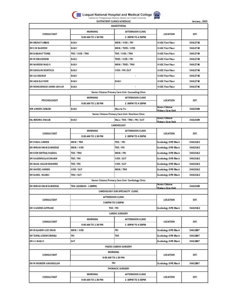 OPD Schedule Jan-Feb 23 | PDF | Health Care | Medicine