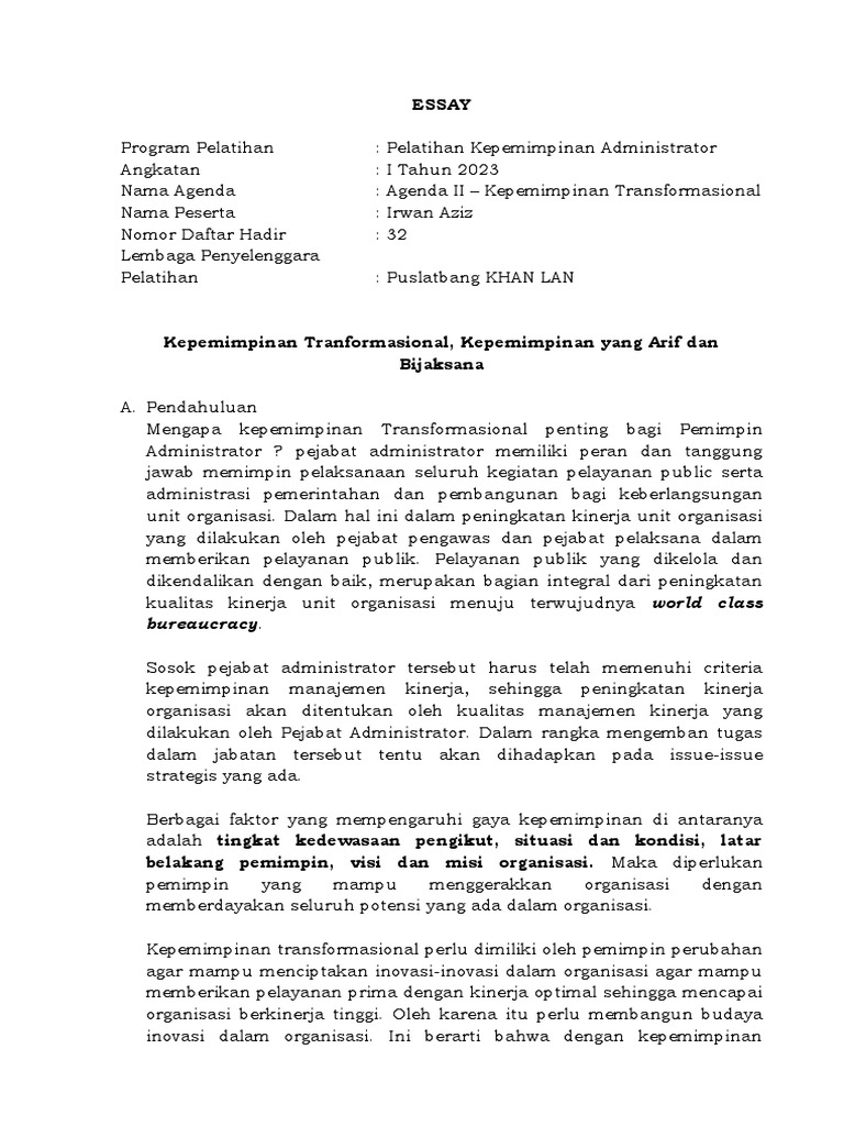 Tugas Essay Agenda II - PKA 1 Kepemimpinan Transformasional - Irwan Aziz | PDF
