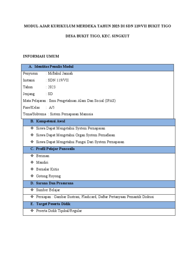 Modul Ajar Kurikulum Merdeka Tahun 2023 Di SDN 119 (Miftahul Jannah) | PDF