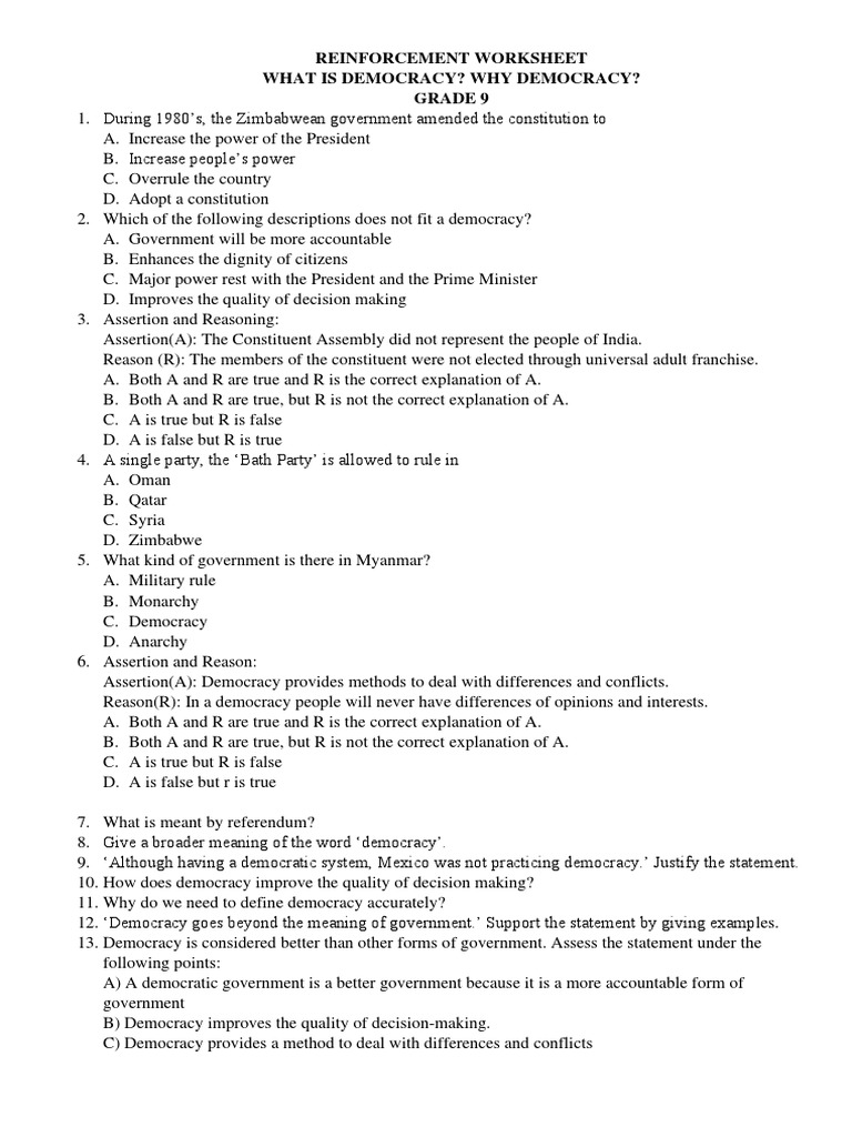 Reinforcement Worksheet_What is democracy why democracy | PDF ...