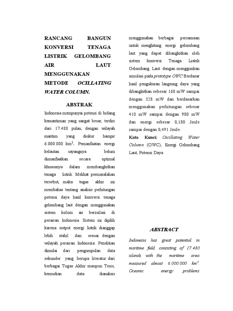 Rancang Bangun Konversi Tega Listrik Gelombang Air Laut Menggunakan Metode Ocillating Water ...