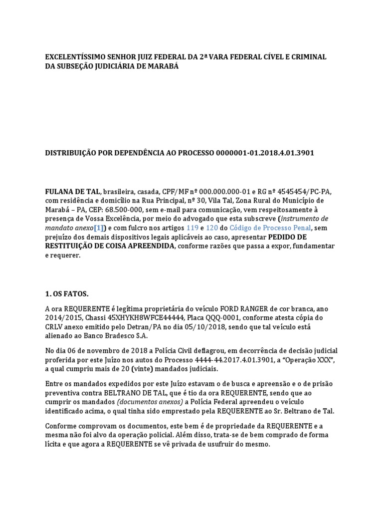 Modelo de Pedido de Restituicao de Coisa Apreendida CPP | PDF | Procedimento criminal | Direito ...