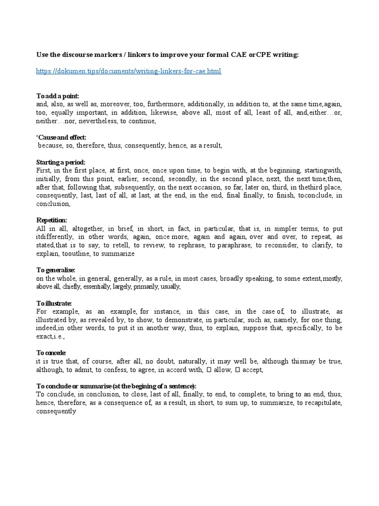 CAE Linkers for Formal Writing | PDF | Career & Growth | Language Arts ...