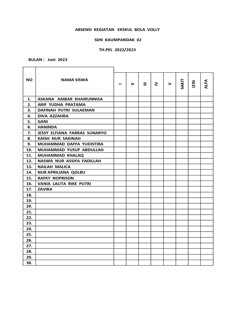 Absensi Kegiatan Ekskul Bola Volly 2023 | PDF