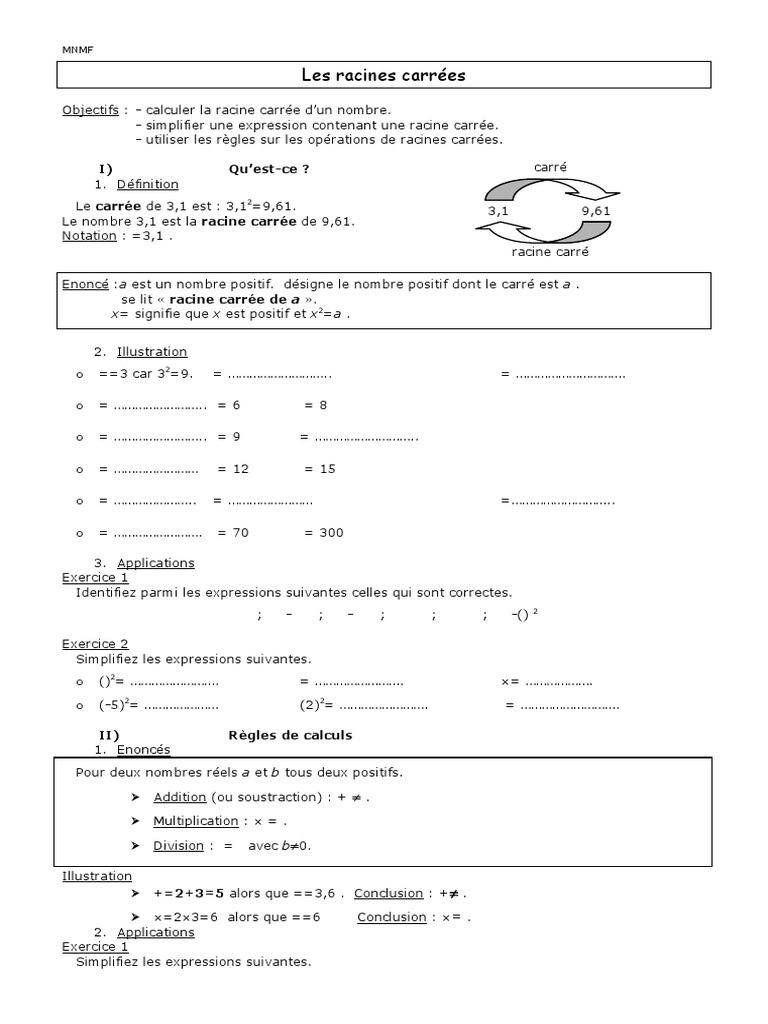 Les Racines Carrées | PDF | Multiplication | Mathématiques