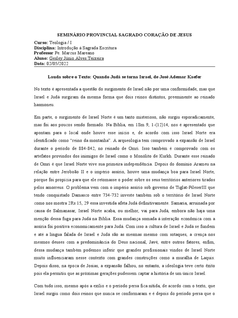 II Trabalho - Lauda Sobre o Texto - Quando Judá Se Touna Israel, de ...