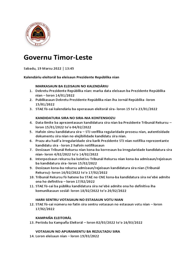 Kalendáriu Eleitorál Ba Eleisaun Prezidente Repúblika Nian 2022 Governu ...