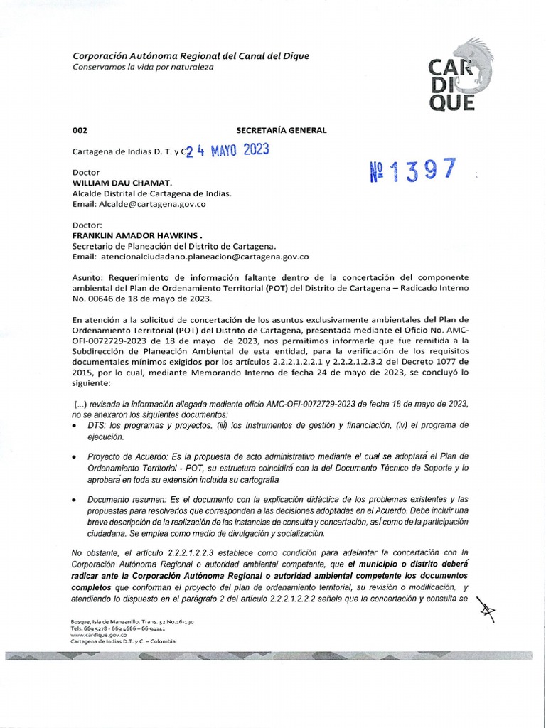 OFICIO - No - 1397 DEVOLUCIÓN DOC POT CARTAGENA | PDF