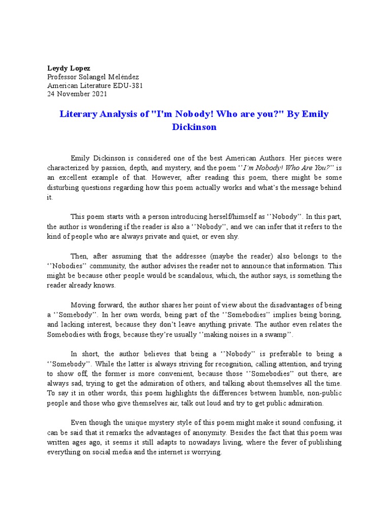 Analysis of - I'm Nobody! Who Are You - by Emily Dickinson | PDF ...
