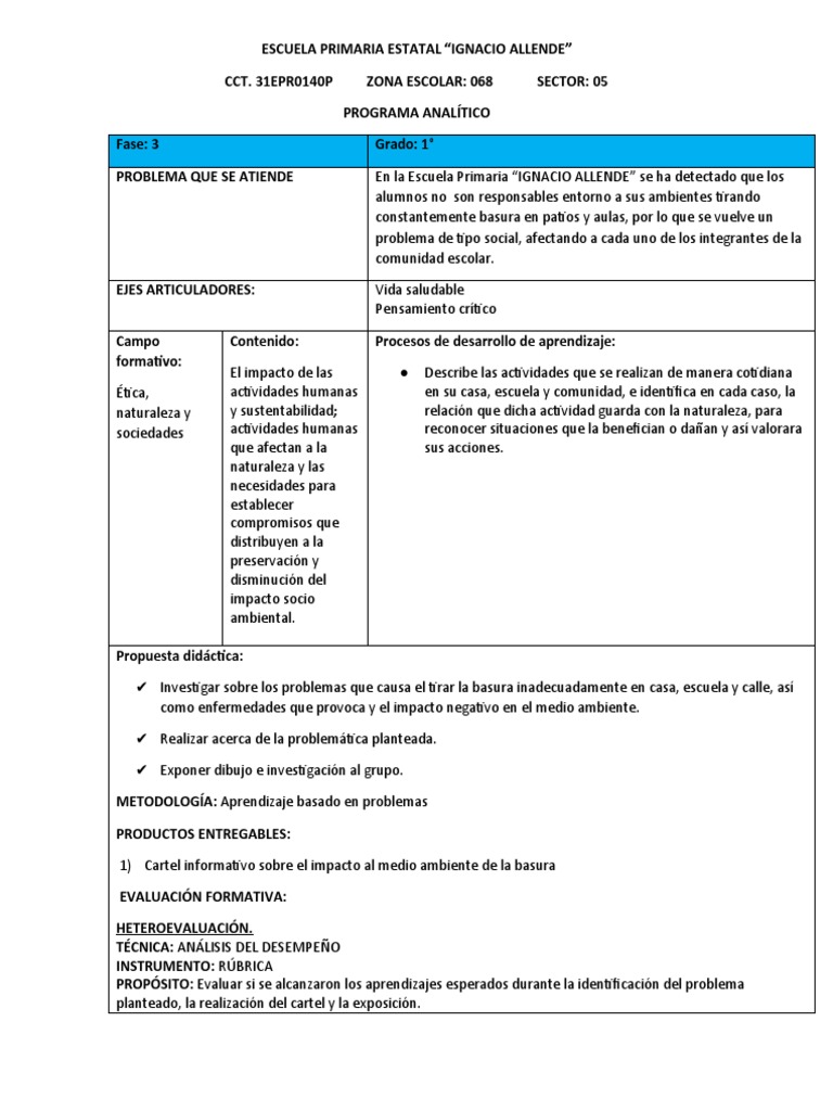 Programa Analitico De Primer Grado Pdf Evaluación Residuos