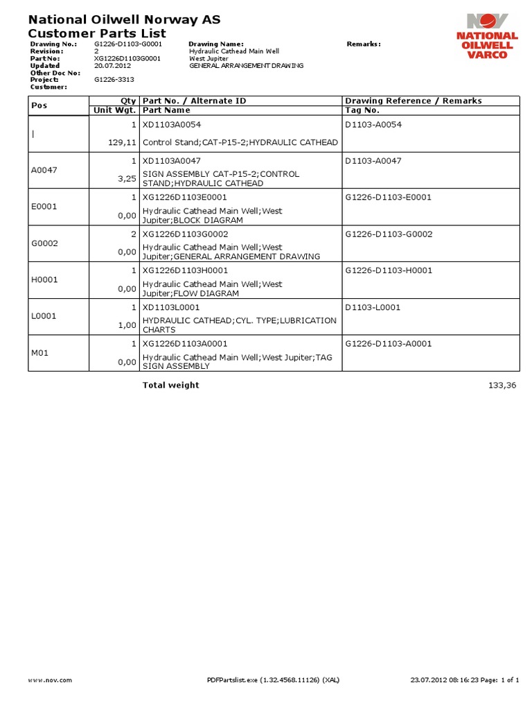 g1226-d1103-g0001 r2 General Arrangement Hydraulic Cathead Main Well Parts List | PDF
