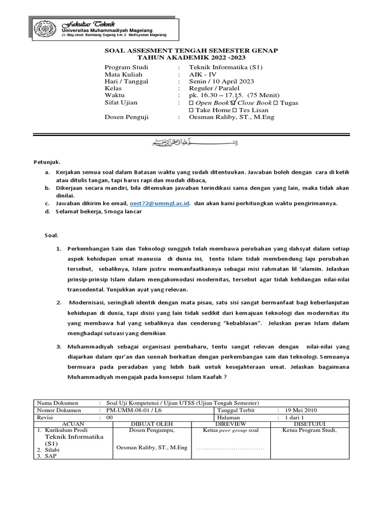 Soal UTS AIK-IV Teknik Informatika | PDF