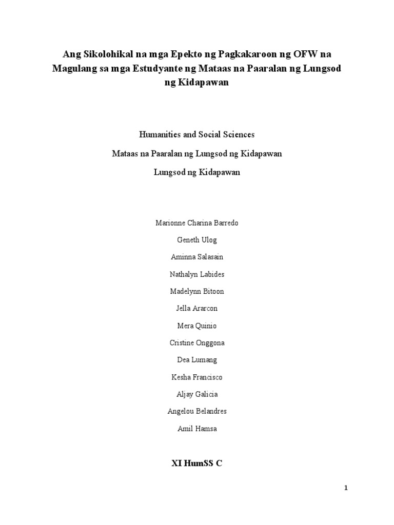 Ang Sikolohikal na mga Epekto ng Pagkakaroon ng OFW na Magulang sa mga Estudyante ng Mataas na ...