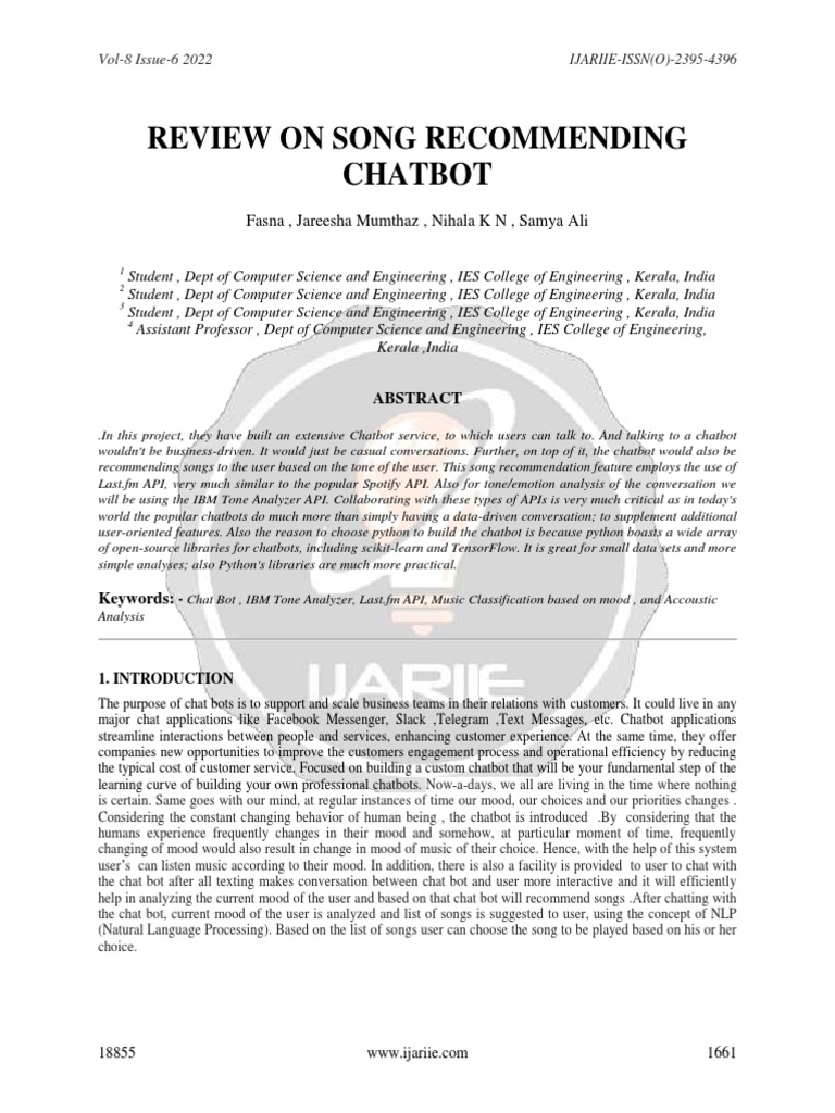 REVIEW ON SONG RECOMMENDING CHATBOT Ijariie18855 | PDF | Computing | Computer Science