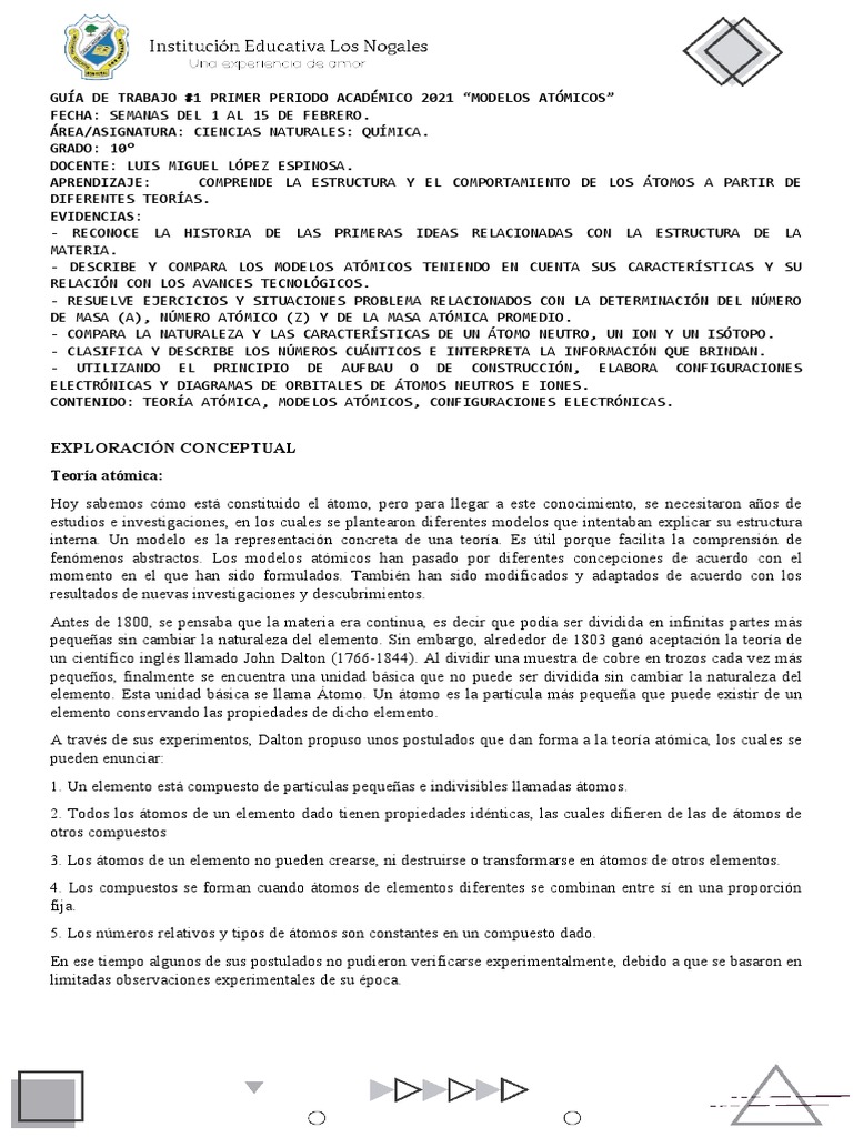 Guia Quimica Decimo Periodo 1 Aprendizaje 1 | PDF | Núcleo atómico | Átomos Guia Quimica Decimo Periodo 1 Aprendizaje 1 | PDF | Núcleo atómico | Átomos