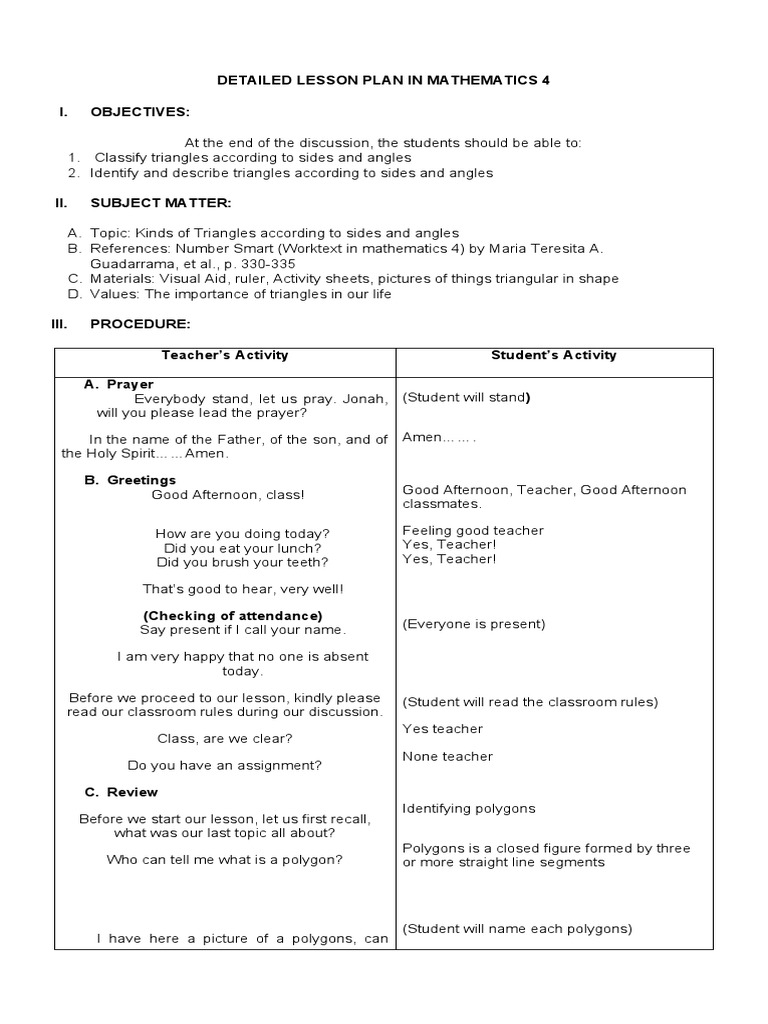 Detailed Lesson Plan in Math | PDF | Triangle | Polytopes