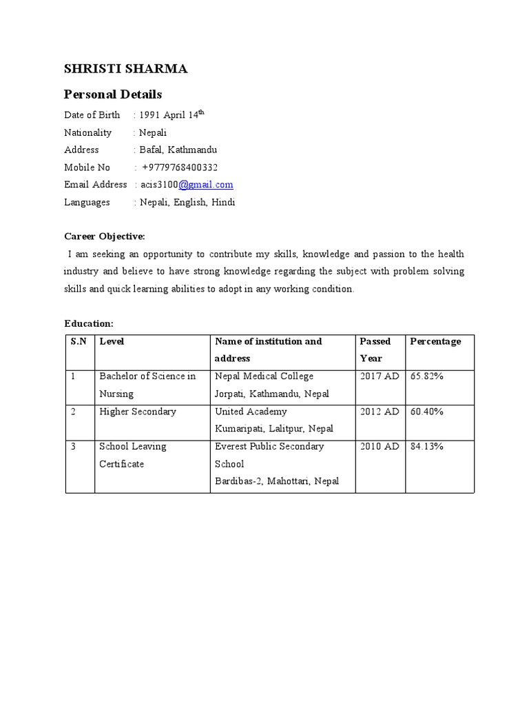 Shristi CV | PDF | Nursing | Nepal