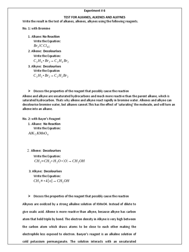 Activity 6 TEST FOR ALKANES Alkenes Alkynes Template | PDF | Alkene ...