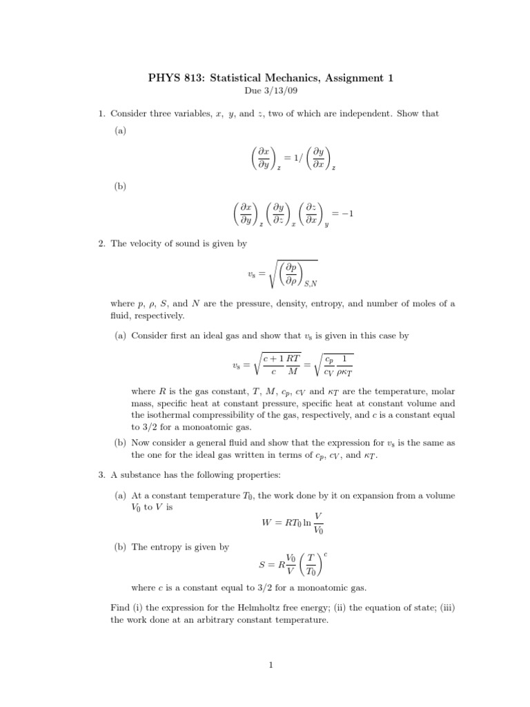 PHYS 813: Statistical Mechanics, Assignment 1: X y y X | PDF | Gases | Temperature