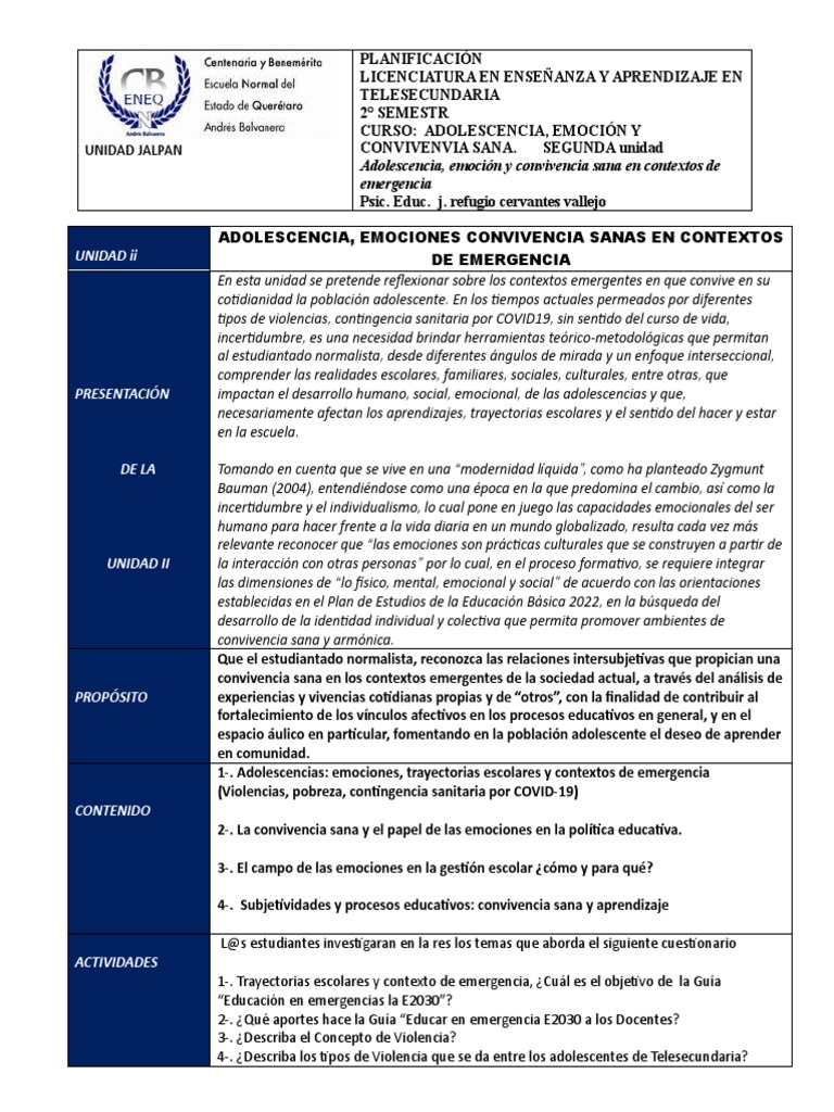 PLANIFICACION 2 TELESEC U II. ADOLESCENCIA EMOCIONES y CONVIVENCIA SANA EN CONTEXTOS DE ...