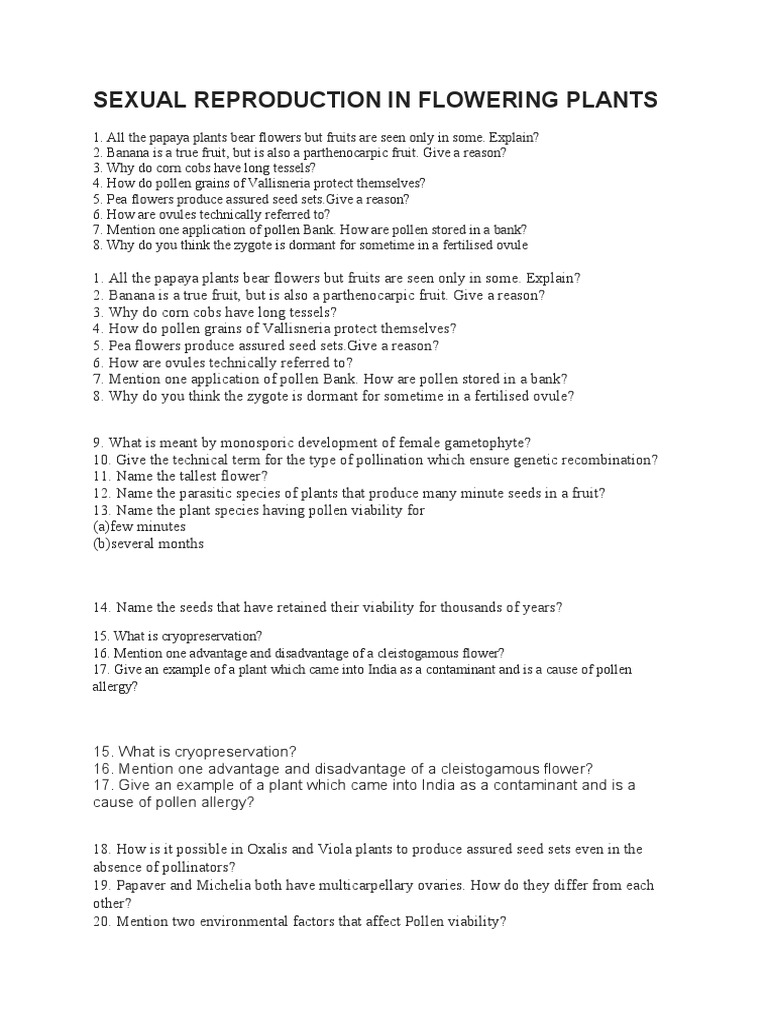 Worksheet On Grade 12 - Sexual Reproduction in Flowering Plants | PDF