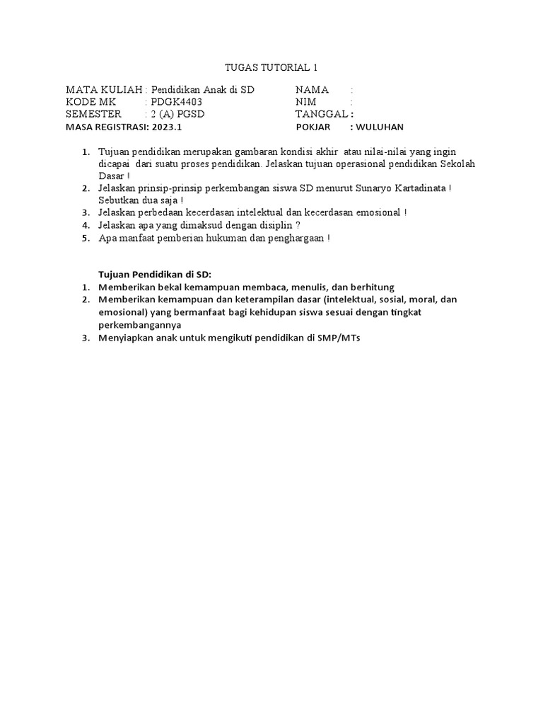 SOAL T T 1 Pend Anak Di SD 2A 2023.1 Ini | PDF