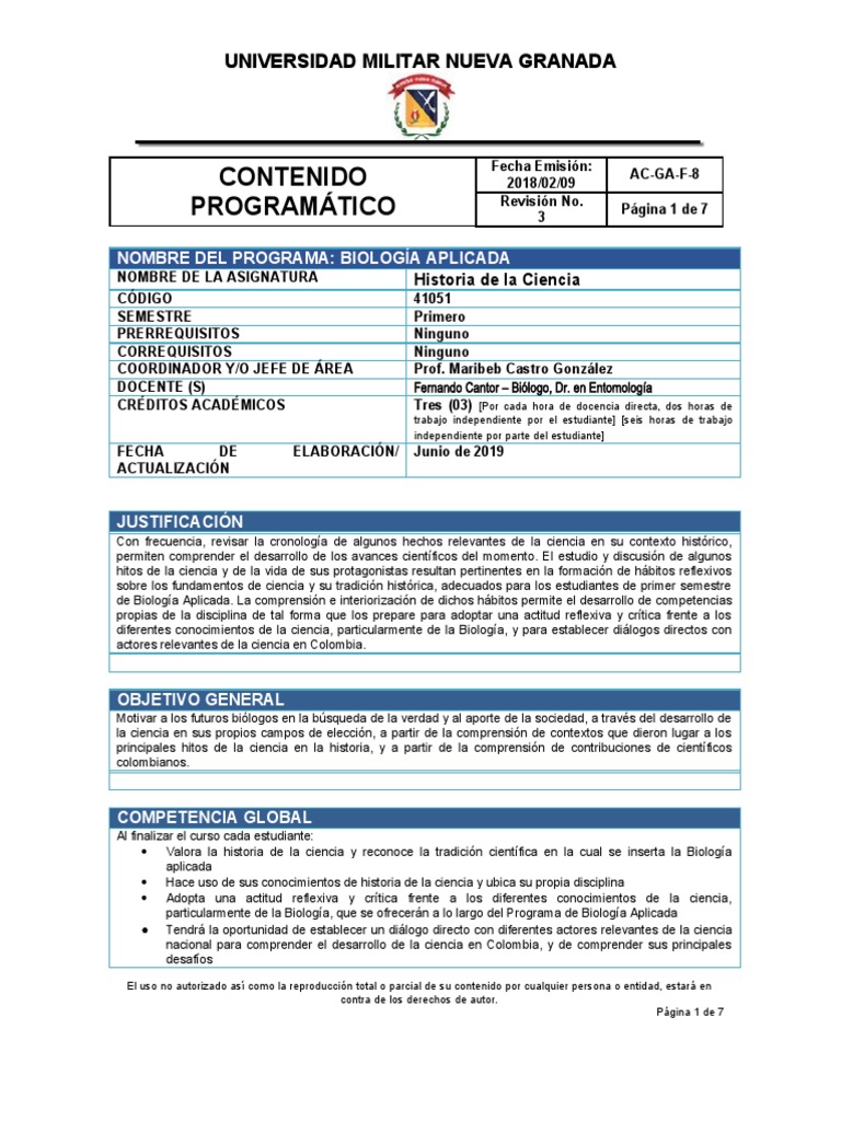Contenido Programático Historia de La Ciencia 2019-2 Con Rúbrica | PDF | Science | Biología