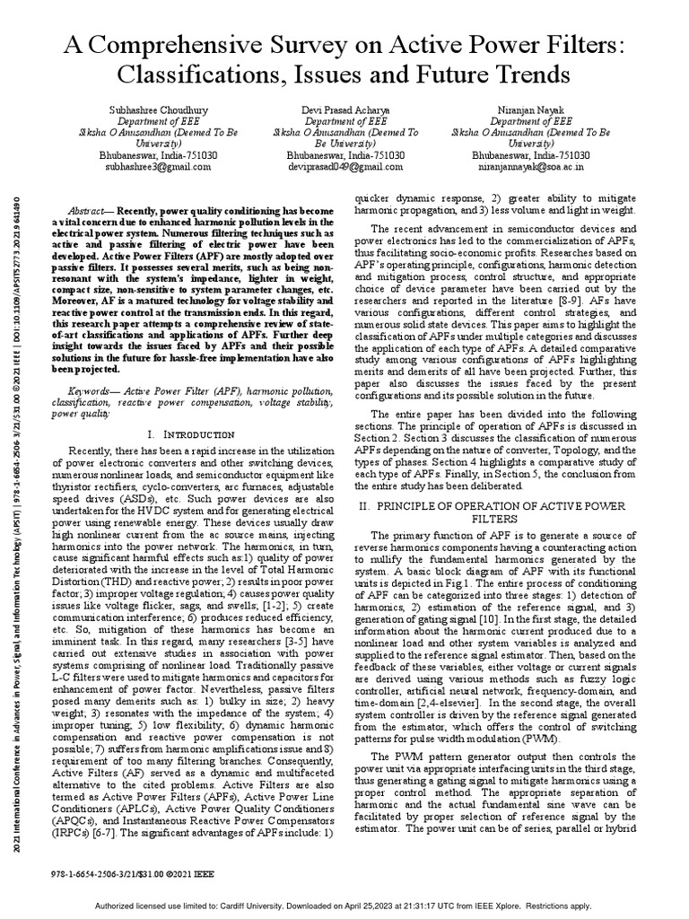 A Comprehensive Survey On Active Power Filters Classifications Issues and Future Trends | PDF ...