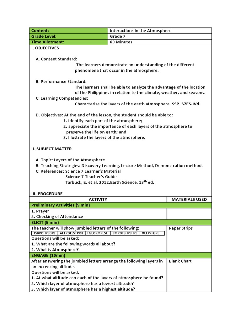 Lesson Plan Grade 7 Atmosphere | PDF | Teachers | Learning