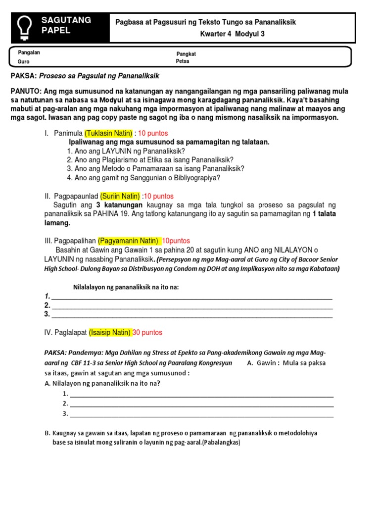 WHLP - Ikatlong Aralin - Pagbasa at Pagsusuri | PDF