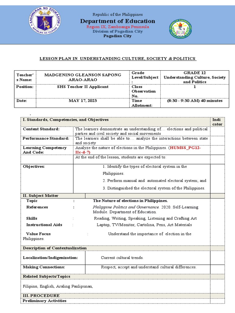 Lesson Plan Co1 Sy 2022 2023 | PDF | Voting | Elections