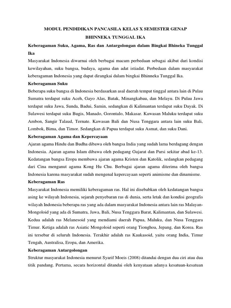 Modul Ajar Bhinneka Tunggal Ika Kelas X Semester Genap | PDF