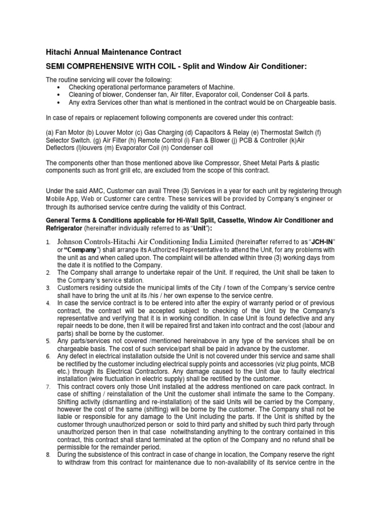 Hitachi AC Annual Maintenance Contract | PDF | Air Conditioning ...