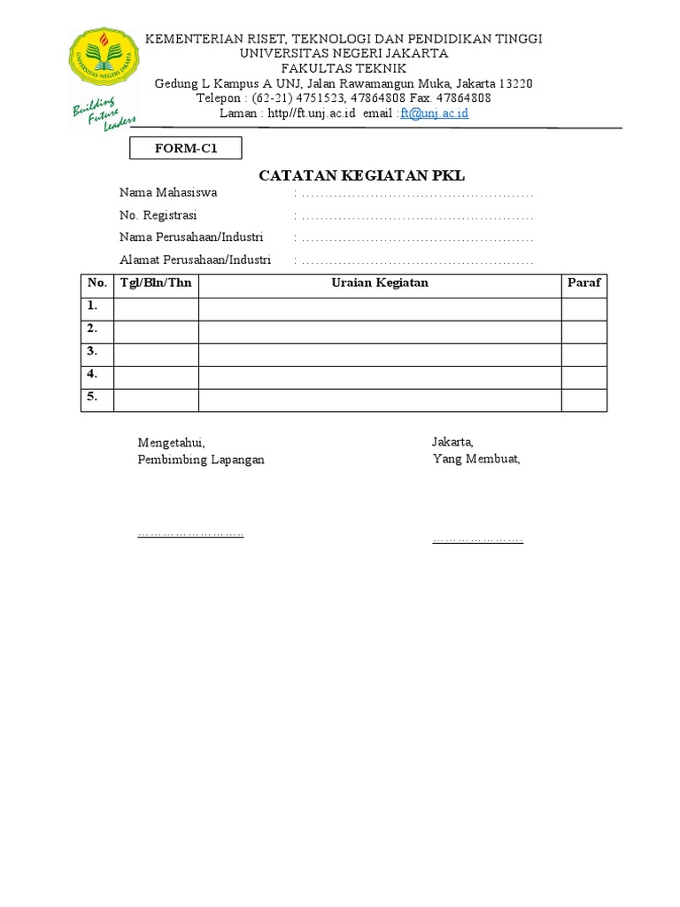 (Form c1) Catatan Kegiatan PKL | PDF