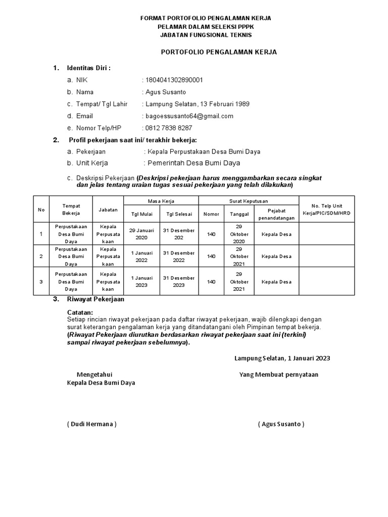 Format Portofolio Pengalaman Kerja PPPK | PDF
