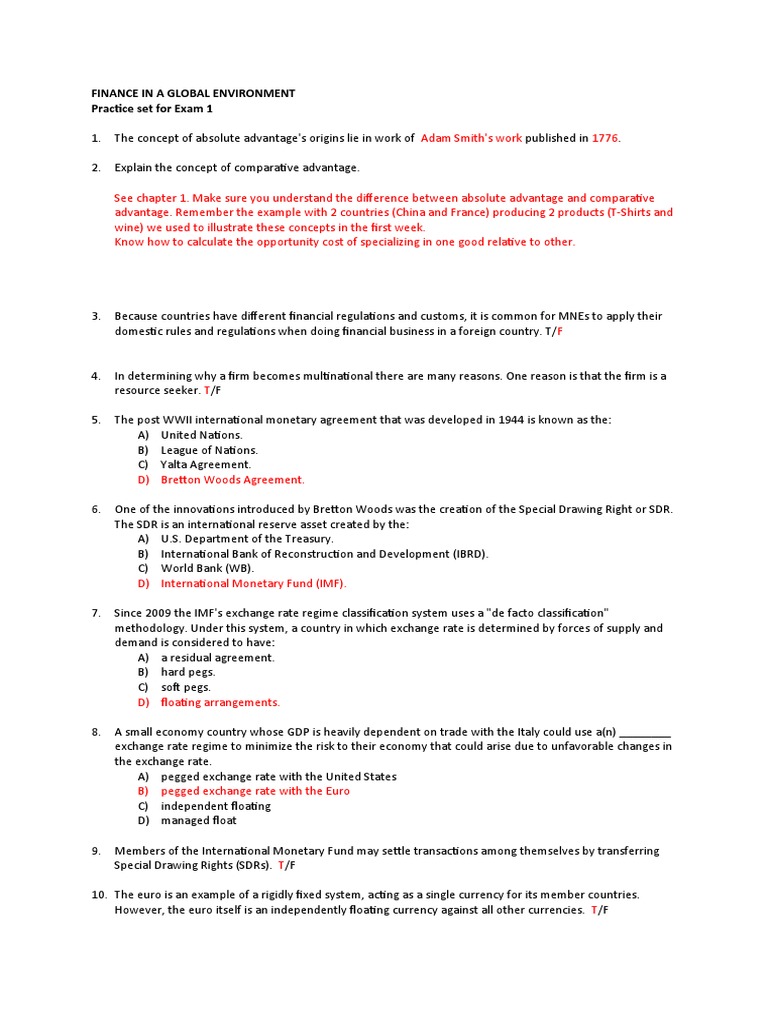 Glob Finc - Practice Set For Exam 1 - Solutions | PDF | Balance Of Payments | Exchange Rate