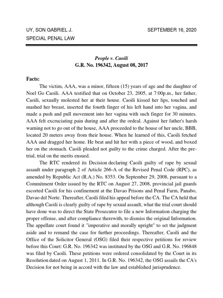 SPL Case Digest - Uy | PDF | Rape | Sexual Assault