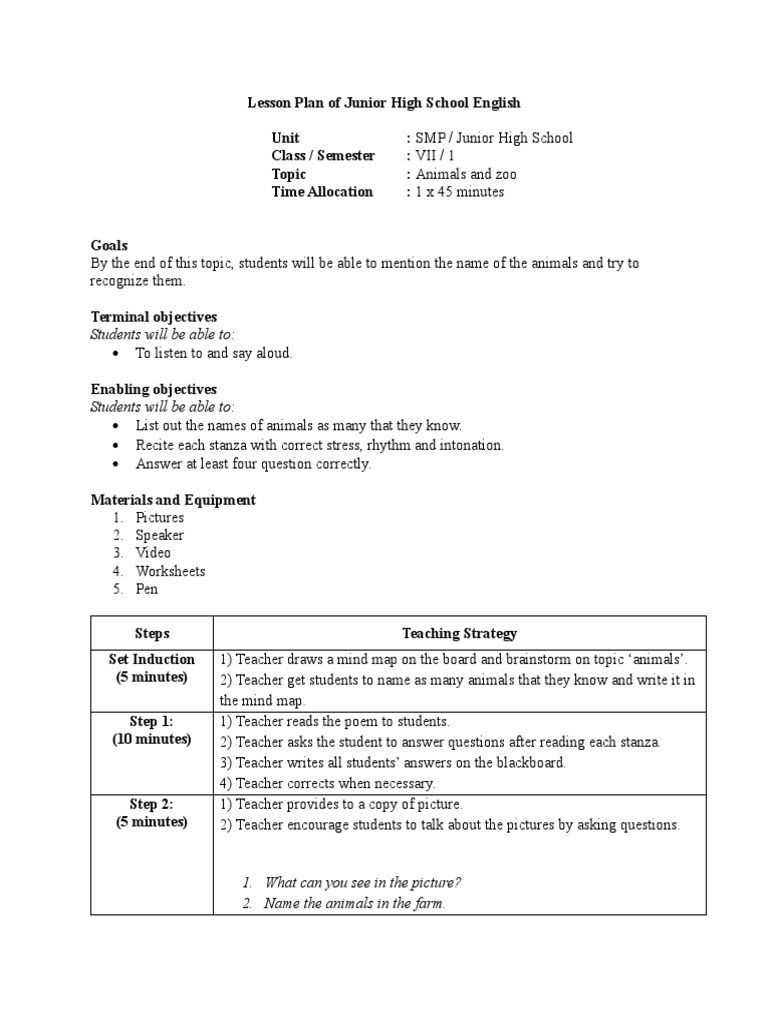 Junior High English Lesson on Animals | PDF | Old Mac Donald Had A Farm ...