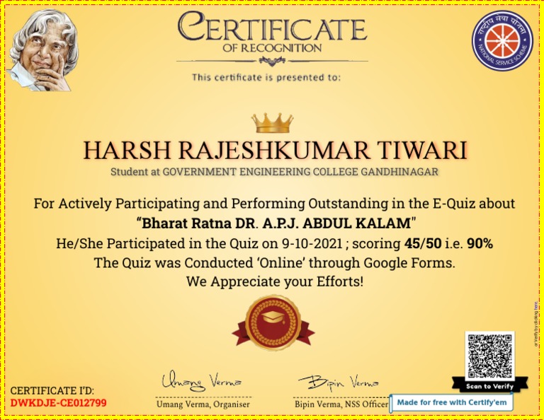 Certificate For HARSH RAJESHKUMAR TIWARI For - Quiz On Dr. APJ Abdul ... Certificate For HARSH RAJESHKUMAR TIWARI For - Quiz On Dr. APJ Abdul ...