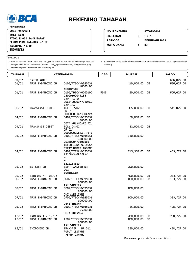 REKENING KORAN BCA | PDF
