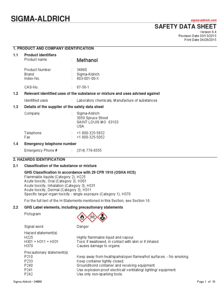 Methanol SDS | PDF | Working Conditions | Physical Sciences