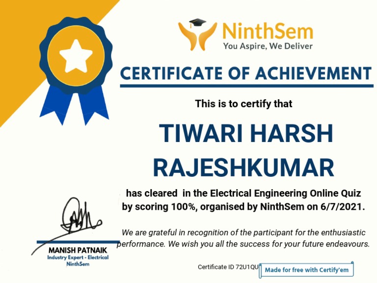 Certificate For TIWARI HARSH RAJESHKUMAR For - Electrical Engineering Onli... | PDF